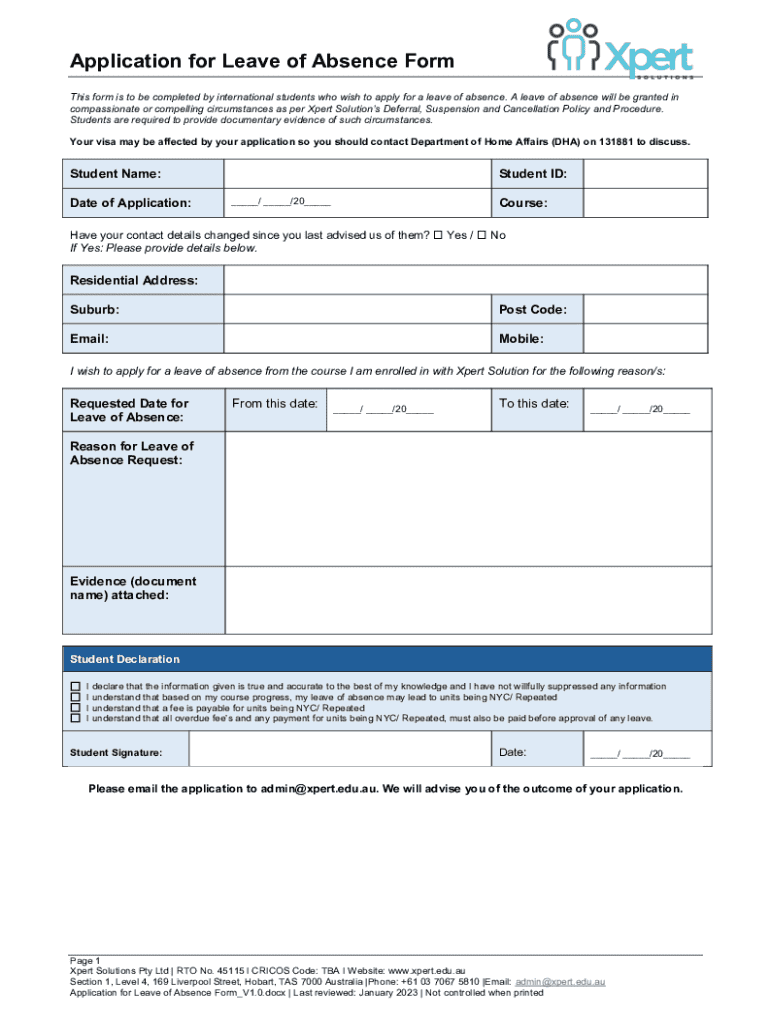 Fillable Online Application for Leave of Absence Form Form - Int. Only ...