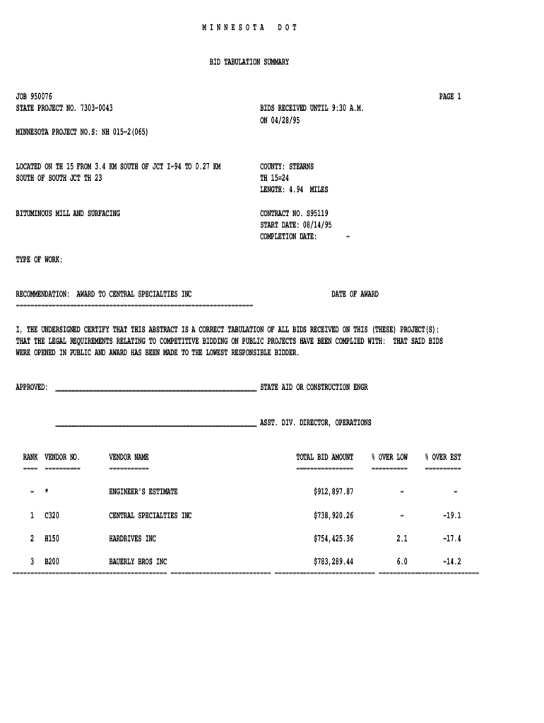 Fillable Online Bid Tabulation Summary for Job 950076 Fax Email Print ...