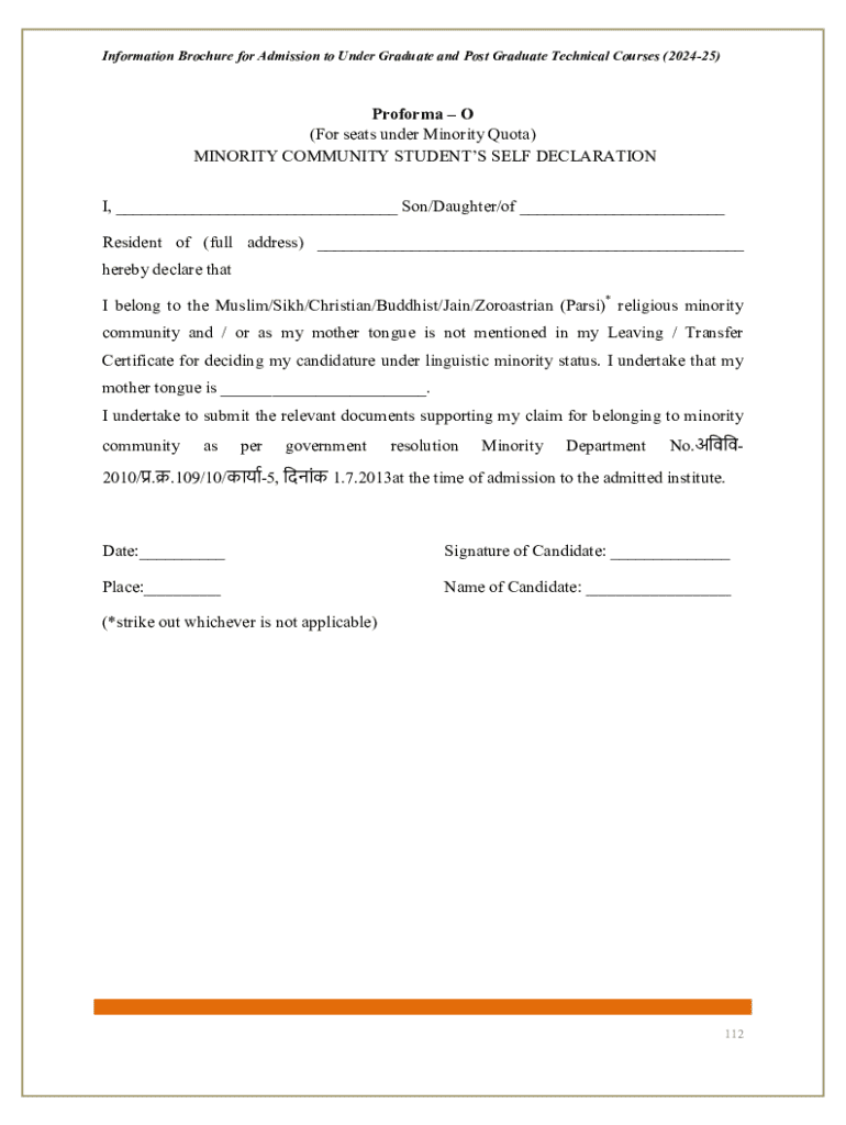 Fillable Online Proforma O (For seats under Minority Quota) MINORITY ... Fax Email Print - pdfFiller
