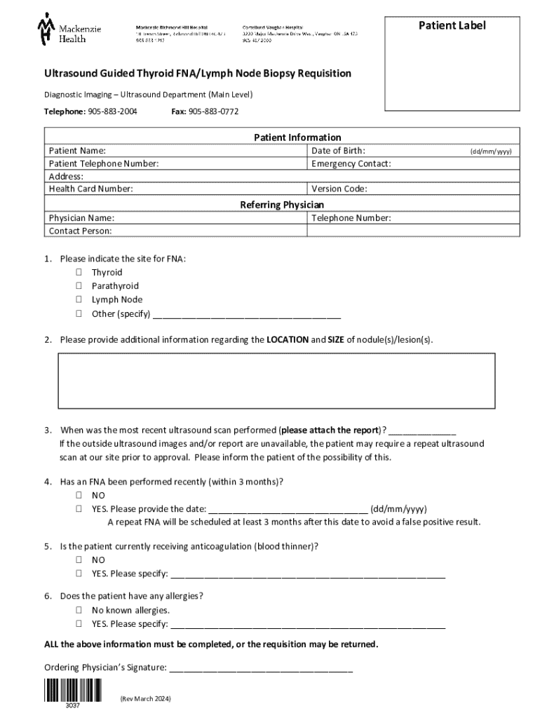 Fillable Online Ultrasound Guided Thyroid Fna/lymph Node Biopsy Requisition Fax Email Print ...