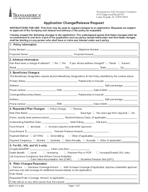 Fillable Online Transamerica Life Insurance Application Change/reissue ...