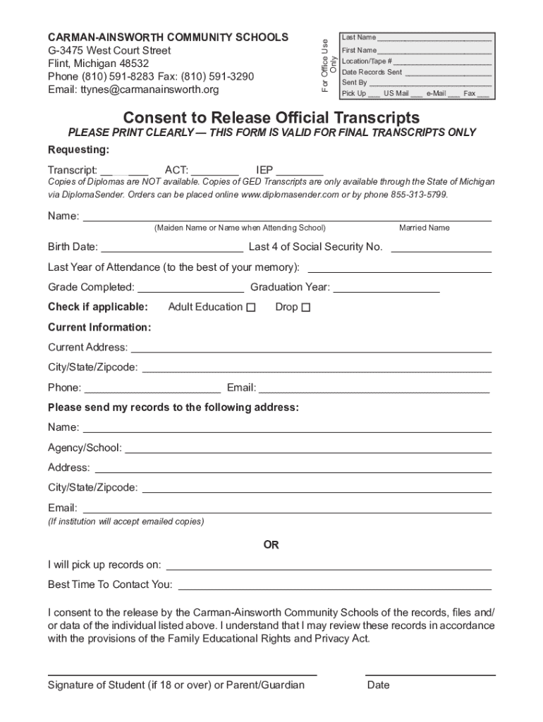 Fillable Online Consent to Release Official Transcripts Fax Email Print - pdfFiller