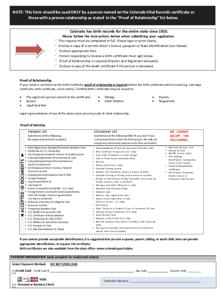 Fillable Online Request for Colorado Birth Certificate Fax Email Print ...