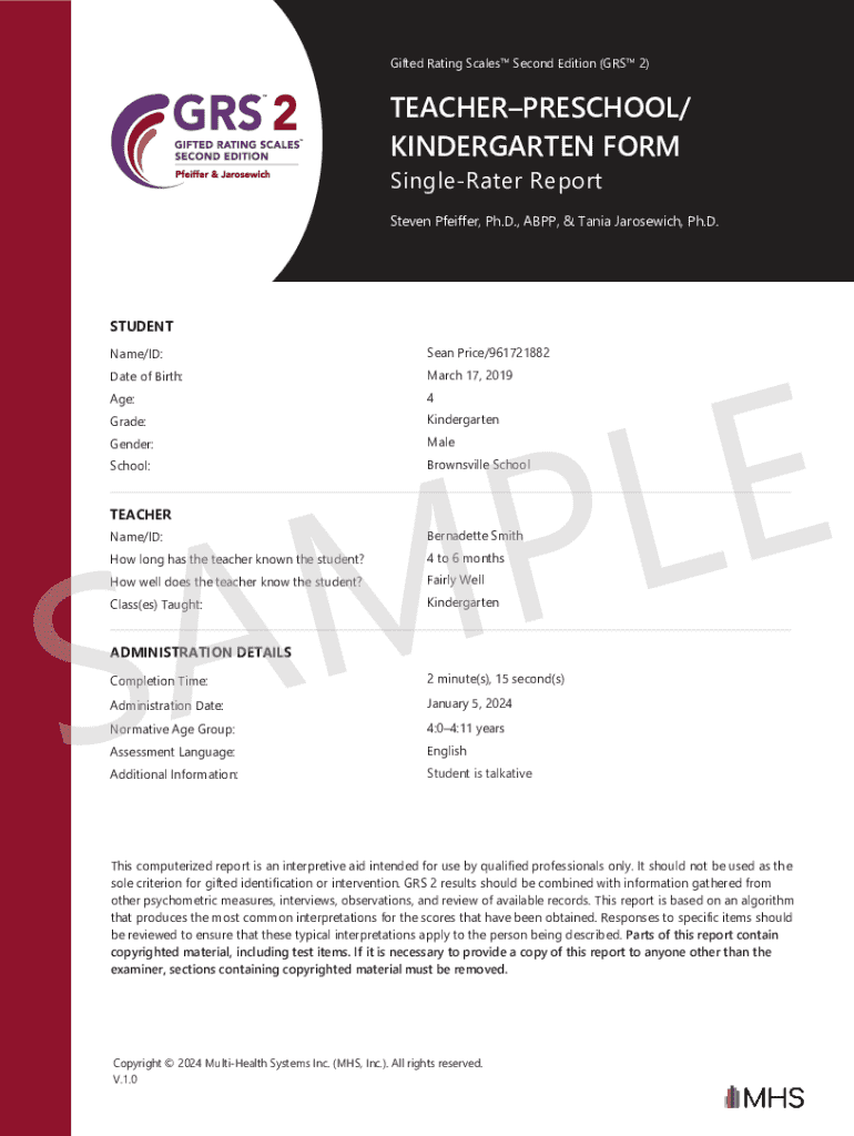 Fillable Online The Gifted Rating Scales-Preschool/Kindergarten Form ...