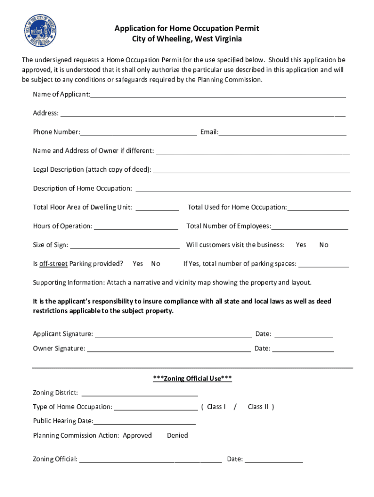Fillable Online Home Occupation Permit Application - City of Wheeling ...