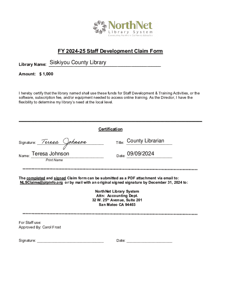 Fillable Online FY 2024-25 Staff Development Claim Form - Siskiyou ...