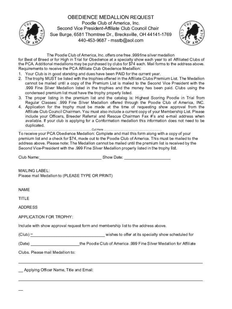 Fillable Online OBEDIENCE MEDALLION REQUEST Fax Email Print - pdfFiller