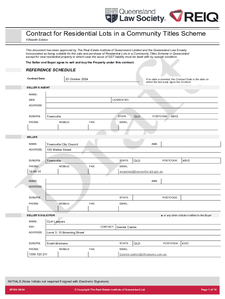 Fillable Online REIQ-CONTRACT-FOR-RESIDENTIAL-LOTS-IN-A-CTS-15TH-EDITION-JUNE-2024.docx Fax ...