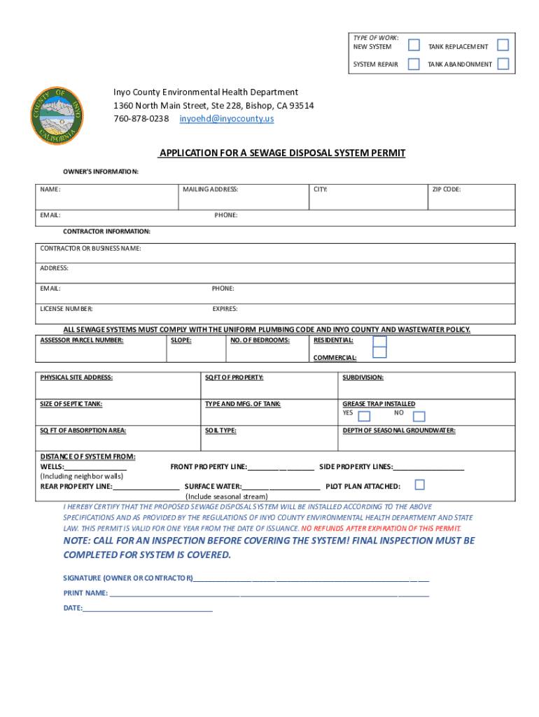 Fillable Online Sewage Disposal System Permit Application Fax Email Print - pdfFiller