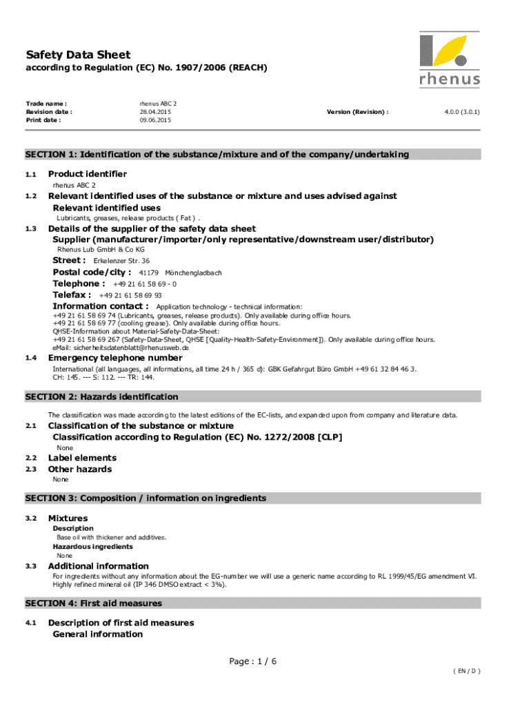 Fillable Online Safety Data Sheet: rhenus LAH 2 Fax Email Print - pdfFiller