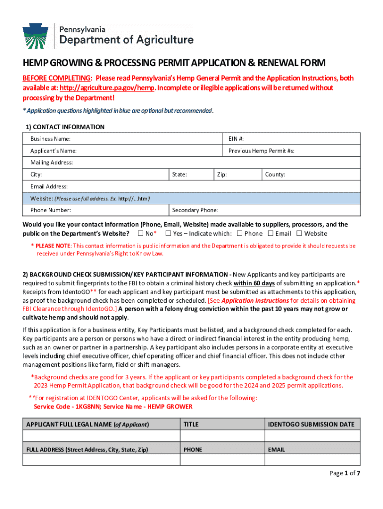 Fillable Online HEMP GROWING & PROCESSING PERMIT APPLICATION ... Fax ...