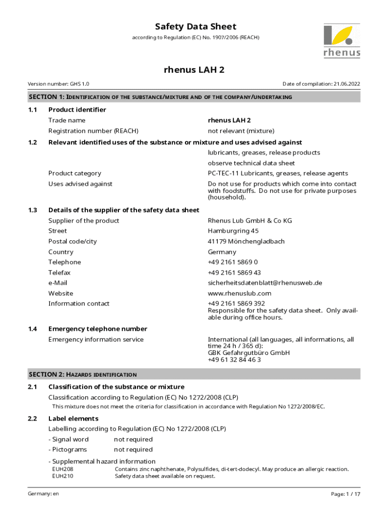 Fillable Online Safety Data Sheet for Rhenus Lah 2 Fax Email Print - pdfFiller