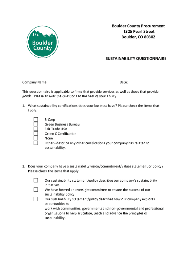 Fillable Online Boulder County Sustainability Questionnaire Fax Email ...