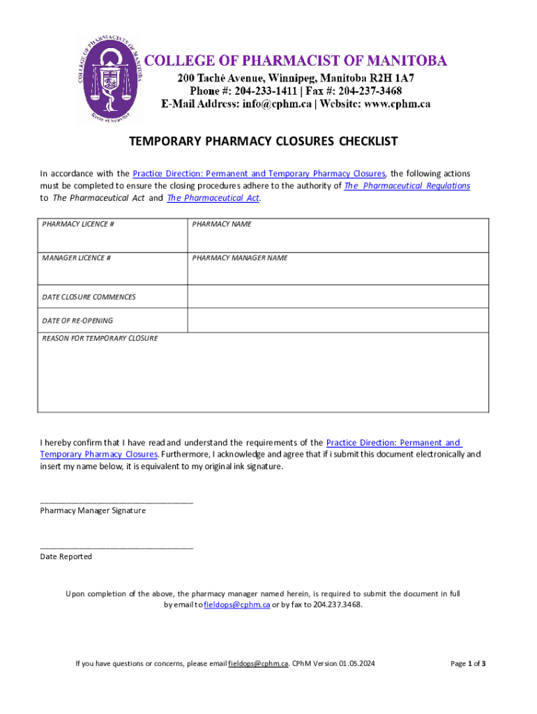 Fillable Online temporary pharmacy closure notice and notification Fax ...
