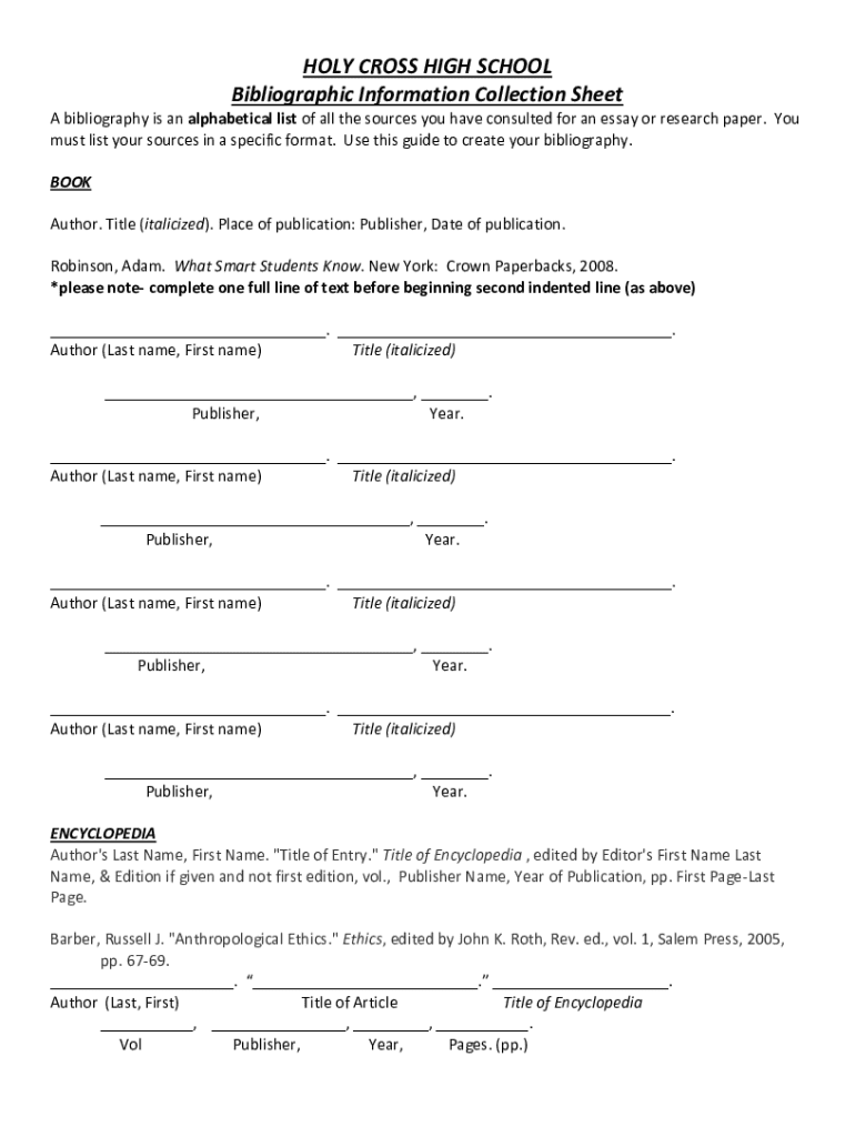 Fillable Online Holy Cross High School Bibliographic Information Guide Fax Email Print - pdfFiller