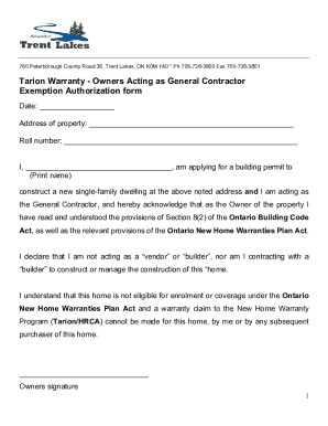 Fillable Online Tarion Warranty Exemption Authorization Form Fax Email ...