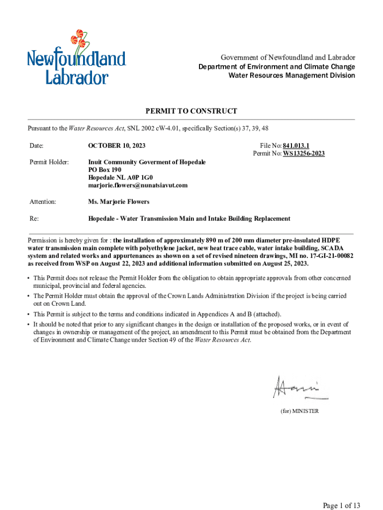 Fillable Online Permit to Construct Water Transmission Main and Intake ...