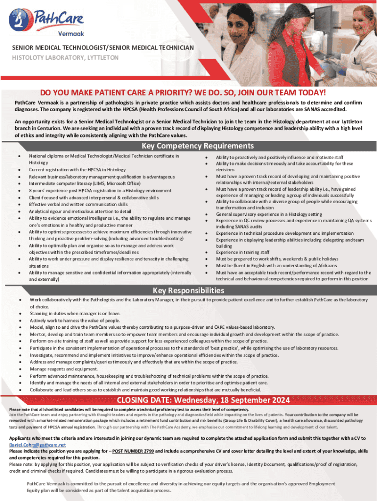 Fillable Online Senior Medical Technician/Medical Technologist ...