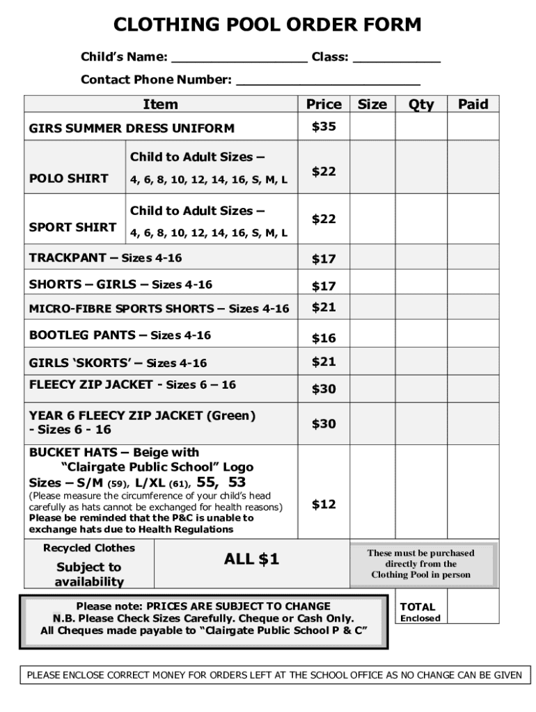 Fillable Online CLOTHING POOL ORDER FORM Fax Email Print - pdfFiller