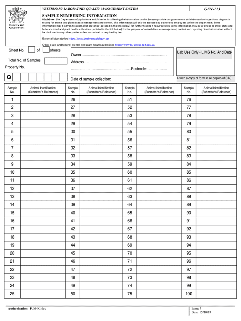 Fillable Online Sample numbering sheet. Biosecurity Sciences Laboratory ...