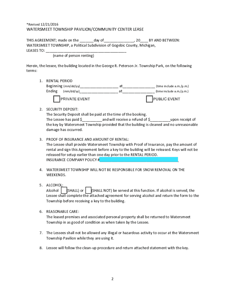 Fillable Online Rental Agreement for Watersmeet Township Community Center and Pavilion Fax Email ...