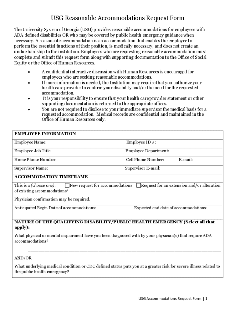 Fillable Online Usg Reasonable Accommodations Request Fax Email Print ...