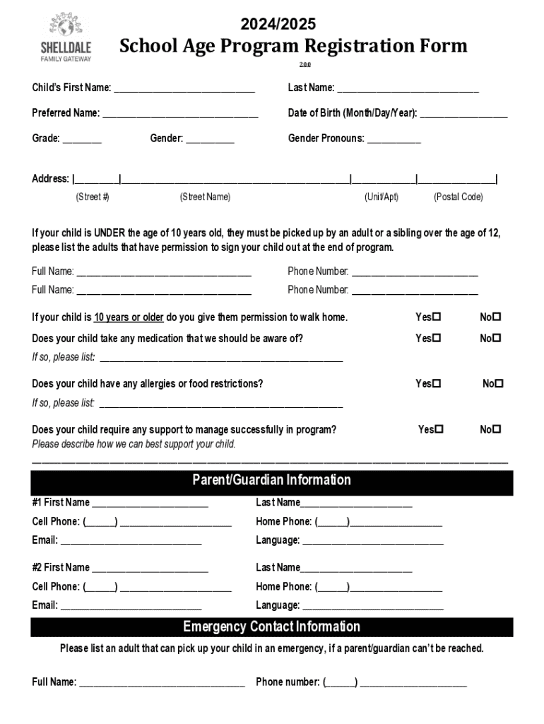 Fillable Online 2024/2025 School Age Program Registration Fax Email ...