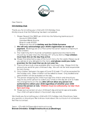 Fillable Online Ccs Holiday Club Enrollment and Indemnity Form Fax Email Print - pdfFiller