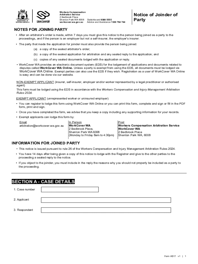 Fillable Online Notice of Joinder of Party in Workers Compensation ...