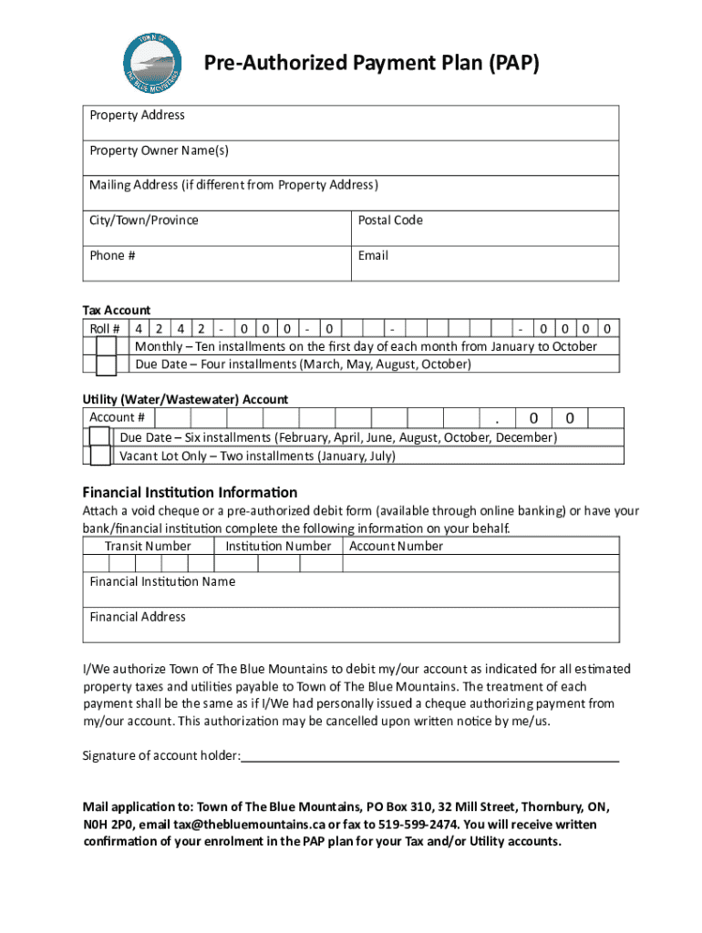 Fillable Online Pre-authorized Payment Plan for Taxes and Utilities Fax Email Print - pdfFiller