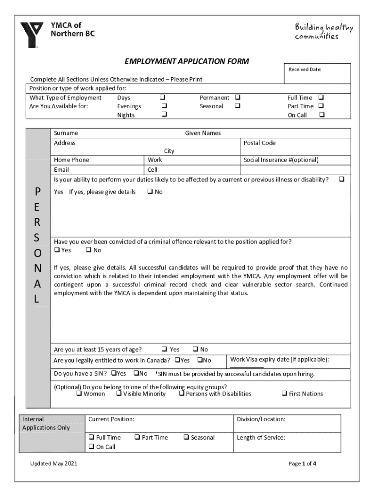 Fillable Online Ymca Employment Application Fax Email Print - pdfFiller