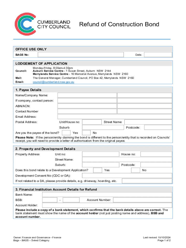 Fillable Online Refund of Construction Bond Application Fax Email Print ...