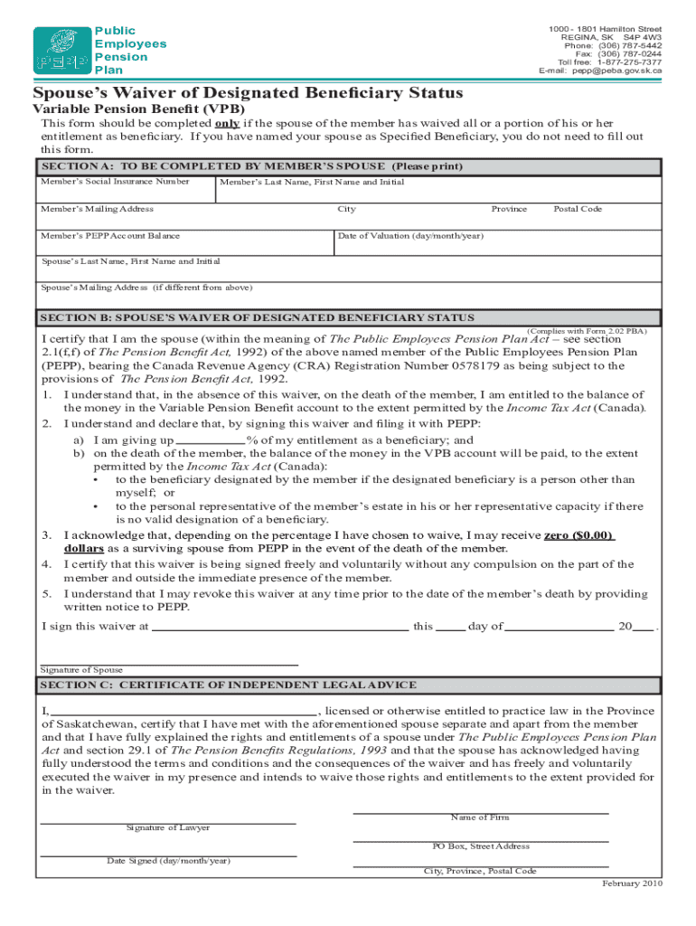 Fillable Online Spouse’s Waiver of Designated Beneficiary Status ...