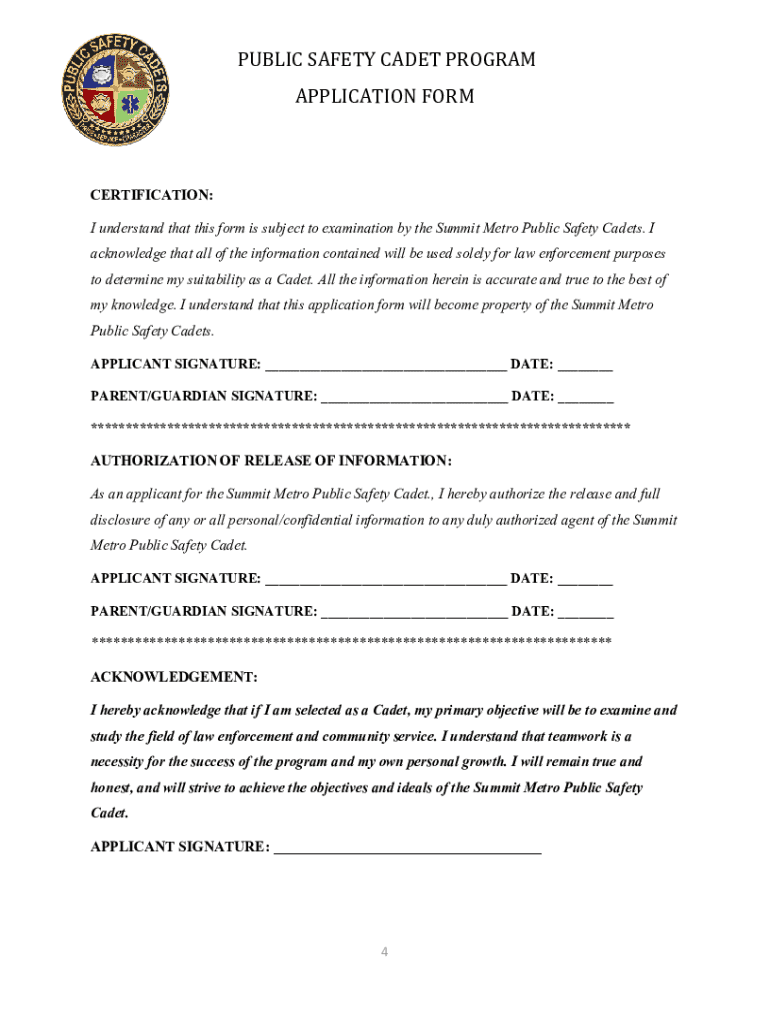 Fillable Online PUBLIC SAFETY CADET PROGRAM APPLICATION FORM Fax Email ...