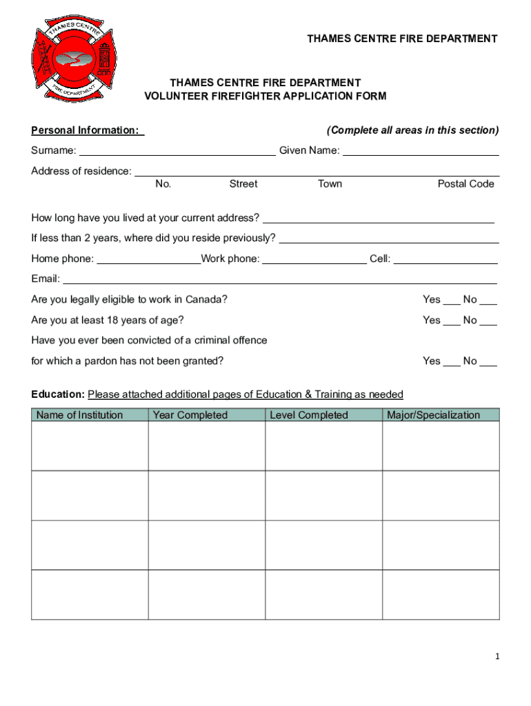Fillable Online thames centre fire department volunteer firefighter ...