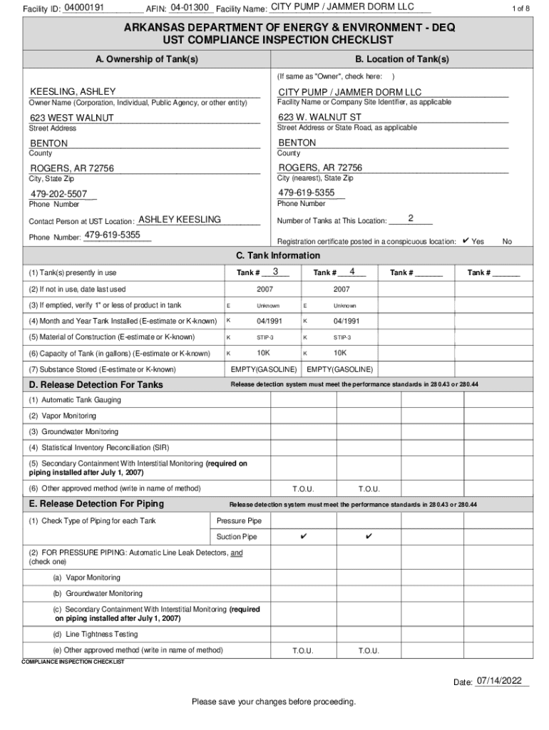 Fillable Online Ust Compliance Inspection Checklist for City Pump ...
