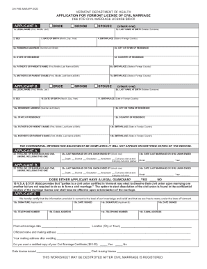 Fillable Online Application for Vermont License of Civil Marriage Fax Email Print - pdfFiller