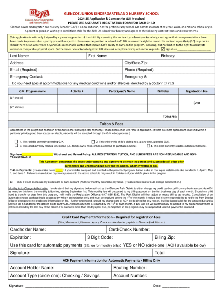Fillable Online 2024-25 Application & Contract for Gjk Preschool Fax ...