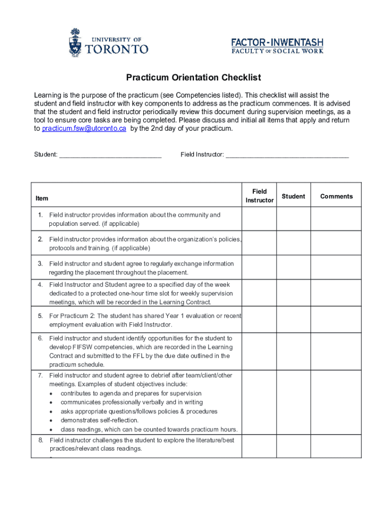 Fillable Online Practicum Orientation Checklist Fax Email Print - pdfFiller