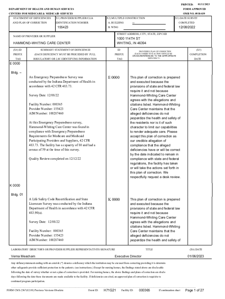 Fillable Online Statement of Deficiencies and Plan of Correction Fax ...