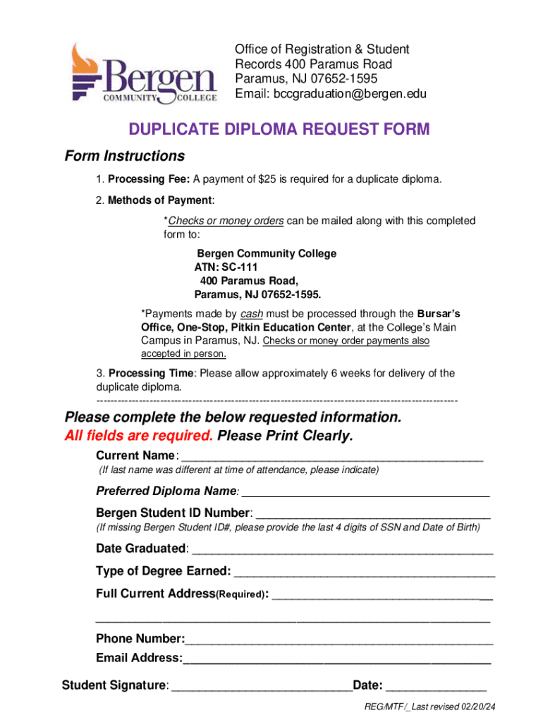 Fillable Online Duplicate Diploma Request Fax Email Print - pdfFiller