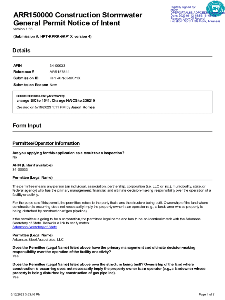 Fillable Online Construction Stormwater General Permit Notice of Intent ...