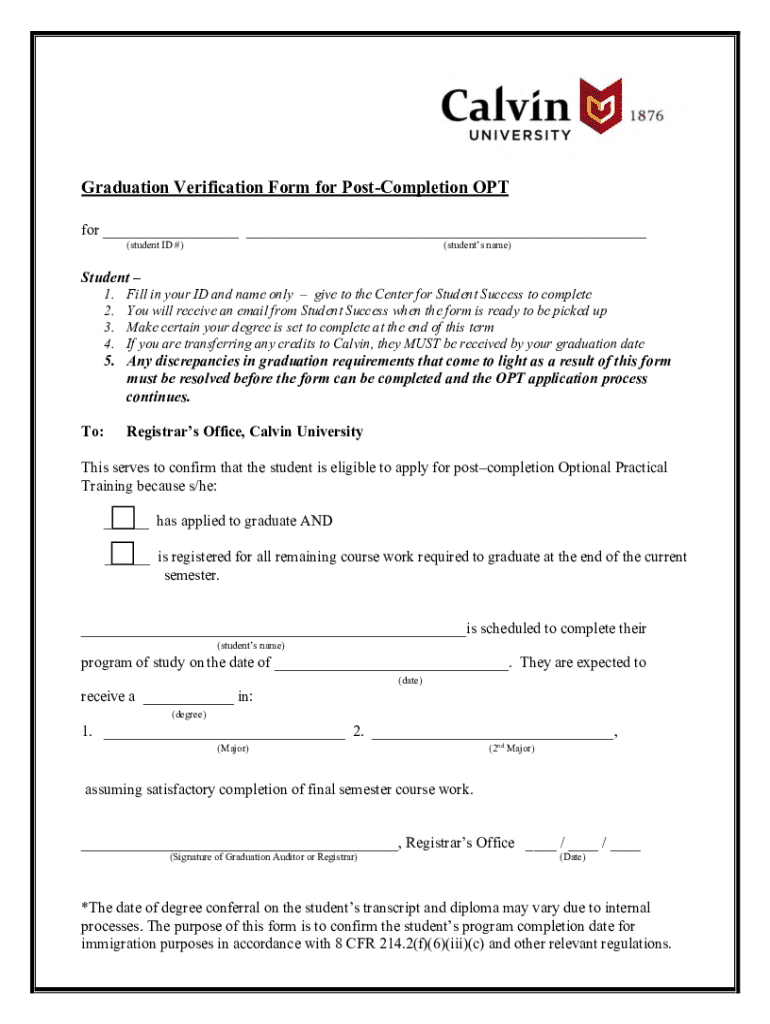 Fillable Online Graduation Verification Form for Post-Completion OPT ...