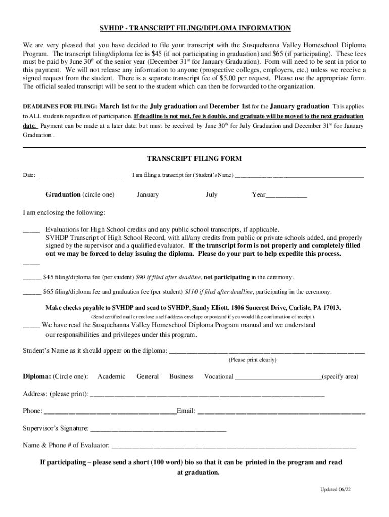 Fillable Online Svhdp - Transcript Filing/diploma Information Fax Email ...
