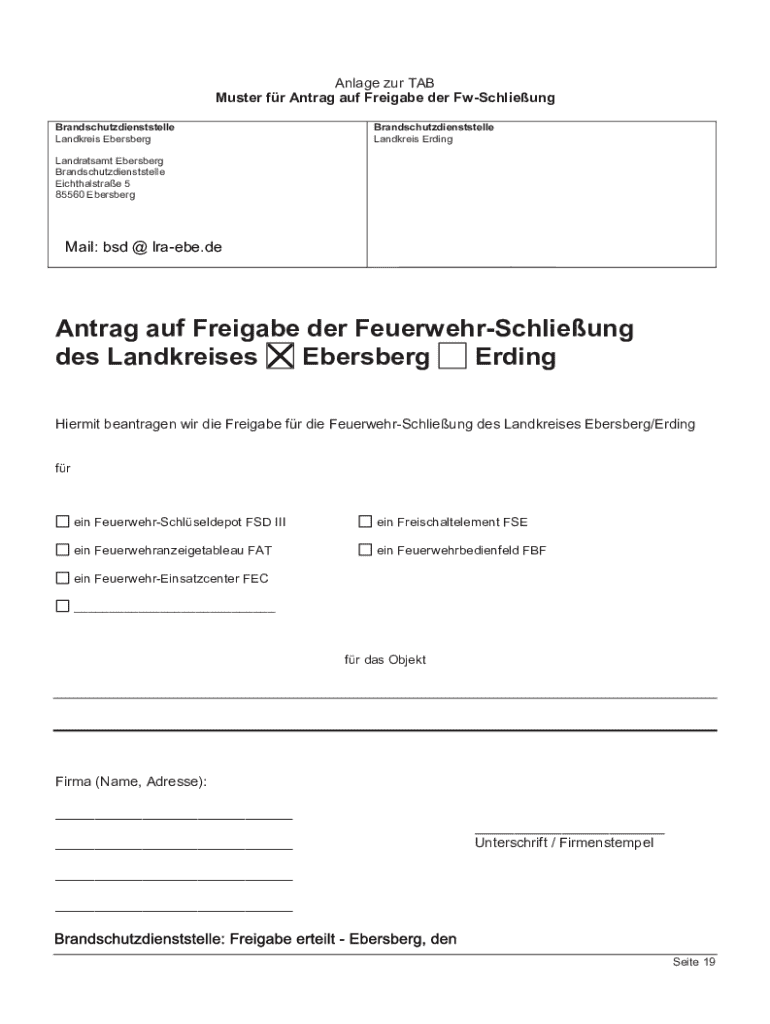 Ausfüllbares Online Antrag auf Freigabe der Feuerwehr-Schlieung des ... Fax Email Druck - pdfFiller