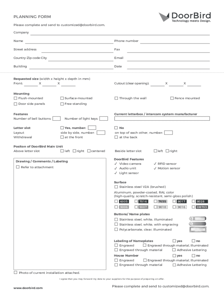 Fillable Online Planning Form for Doorbird Installation Fax Email Print - pdfFiller