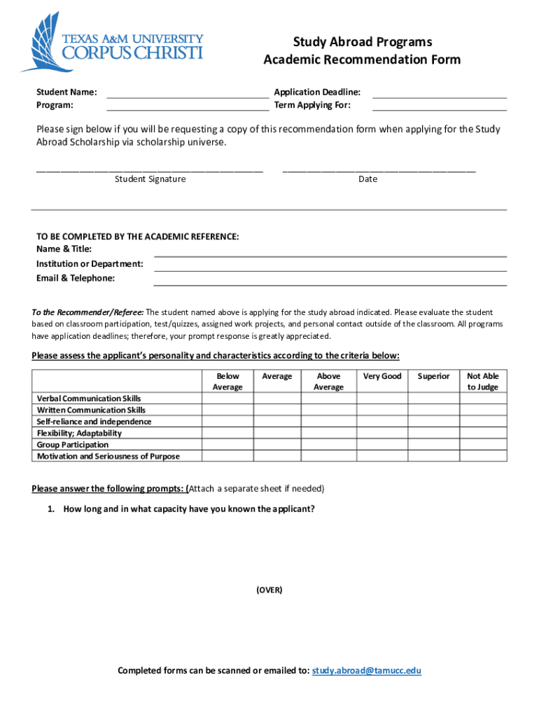 Fillable Online Study Abroad Programs Academic Recommendation Form Fax ...