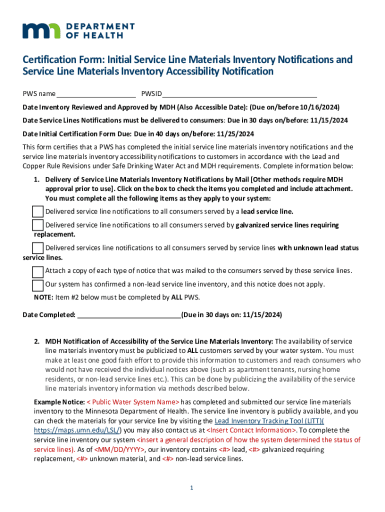 Fillable Online Certification Form: Initial Service Line Materials ...