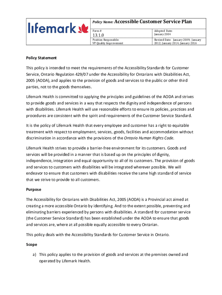 Fillable Online Policy Name: Accessible Customer Service Plan ...