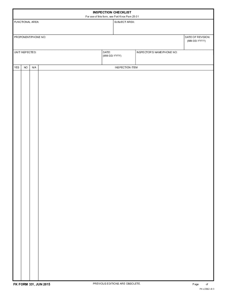 Fillable Online Fort Knox Form 331, Inspection Checklist Fax Email ...
